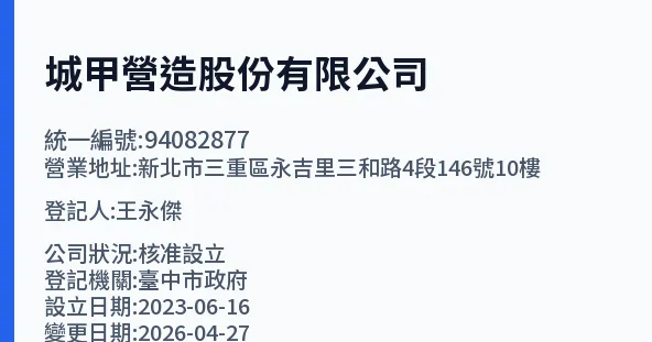 城甲營造股份有限公司的照片-統編 94082877(新北市) 公司登記資料與營業項目詳細圖表