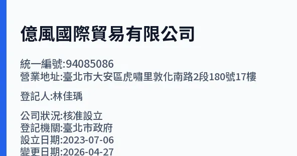 億風國際貿易有限公司的照片-統編 94085086(臺北市) 公司登記資料與營業項目詳細圖表