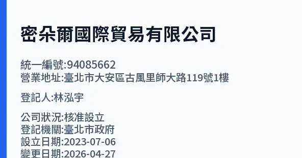 密朵爾國際貿易有限公司的照片-統編 94085662(臺北市) 公司登記資料與營業項目詳細圖表