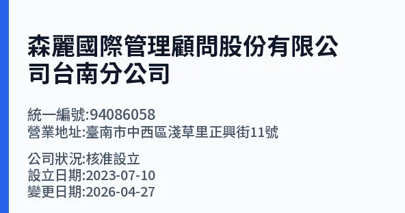 森麗國際管理顧問股份有限公司台南分公司的照片-統編 94086058(臺南市) 公司登記資料與營業項目詳細圖表