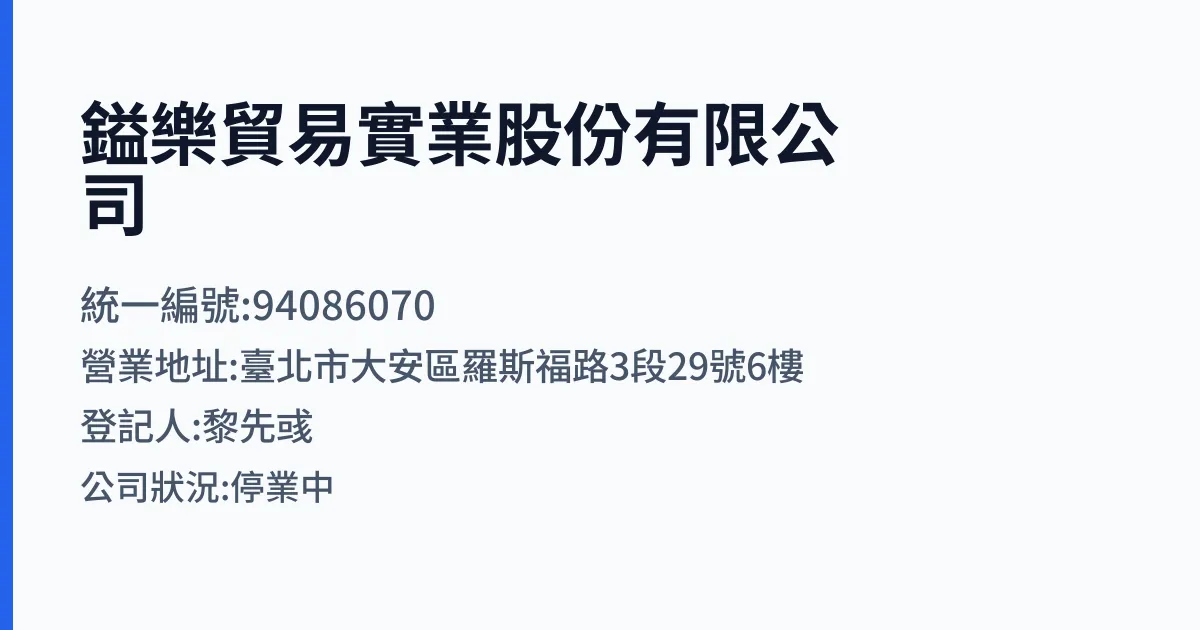 鎰樂貿易實業股份有限公司 - 統編 94086070(臺北市) 公司登記資料與營業項目詳細圖表