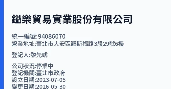 鎰樂貿易實業股份有限公司的照片-統編 94086070(臺北市) 公司登記資料與營業項目詳細圖表