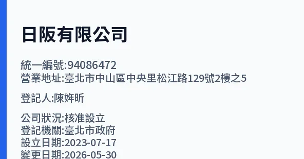 日阪有限公司的照片-統編 94086472(臺北市) 公司登記資料與營業項目詳細圖表