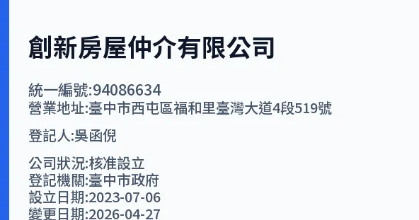 創新房屋仲介有限公司的照片-統編 94086634(臺中市) 公司登記資料與營業項目詳細圖表