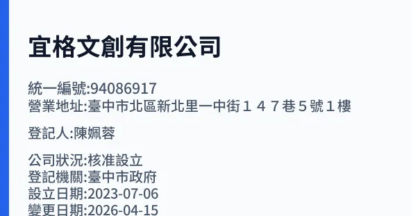 宜格文創有限公司的照片-統編 94086917(臺中市) 公司登記資料與營業項目詳細圖表