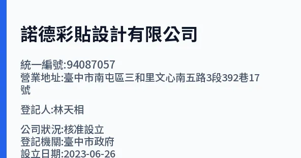 諾德彩貼設計有限公司的照片-統編 94087057(臺中市) 公司登記資料與營業項目詳細圖表
