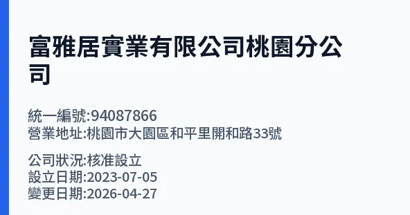 富雅居實業有限公司桃園分公司的照片-統編 94087866(桃園市) 公司登記資料與營業項目詳細圖表