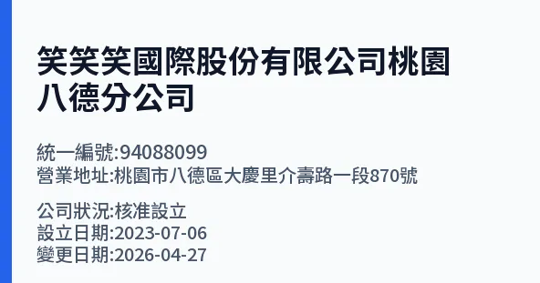笑笑笑國際股份有限公司桃園八德分公司的照片-統編 94088099(桃園市) 公司登記資料與營業項目詳細圖表
