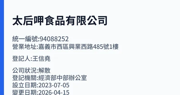 太后呷食品有限公司的照片-統編 94088252(嘉義市) 公司登記資料與營業項目詳細圖表