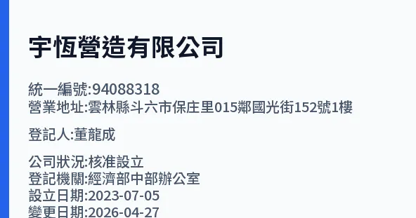 宇恆營造有限公司的照片-統編 94088318(雲林縣) 公司登記資料與營業項目詳細圖表