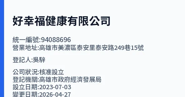 好幸福健康有限公司的照片-統編 94088696(高雄市) 公司登記資料與營業項目詳細圖表