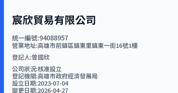 宸欣貿易有限公司的照片-統編 94088957(高雄市) 公司登記資料與營業項目詳細圖表