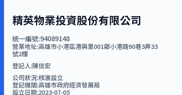 精英物業投資股份有限公司的照片-統編 94089148(高雄市) 公司登記資料與營業項目詳細圖表