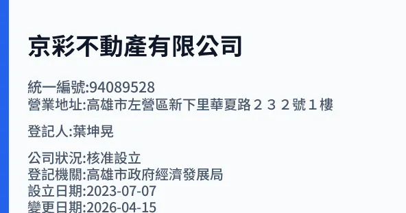 京彩不動產有限公司的照片-統編 94089528(高雄市) 公司登記資料與營業項目詳細圖表