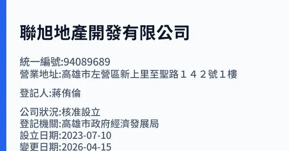 聯旭地產開發有限公司的照片-統編 94089689(高雄市) 公司登記資料與營業項目詳細圖表