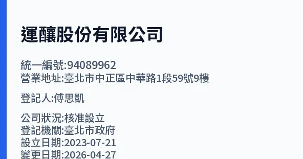 運釀股份有限公司的照片-統編 94089962(臺北市) 公司登記資料與營業項目詳細圖表