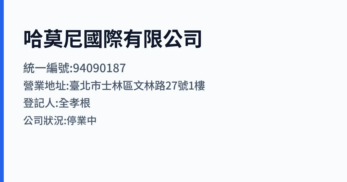 哈莫尼國際有限公司 - 統編 94090187（臺北市） 公司登記資料與營業項目詳細圖表