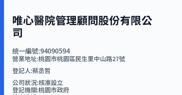 唯心醫院管理顧問股份有限公司的照片-統編 94090594(桃園市) 公司登記資料與營業項目詳細圖表