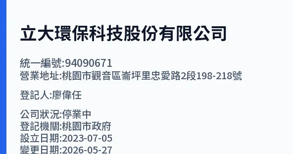 立大環保科技股份有限公司的照片-統編 94090671(桃園市) 公司登記資料與營業項目詳細圖表