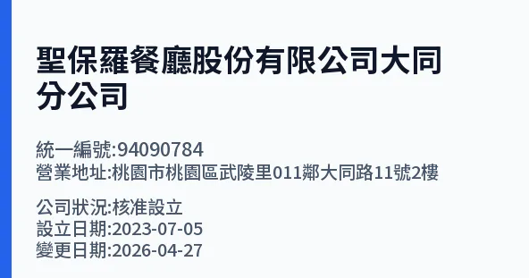 聖保羅餐廳股份有限公司大同分公司的照片-統編 94090784(桃園市) 公司登記資料與營業項目詳細圖表