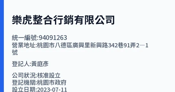 樂虎整合行銷有限公司的照片-統編 94091263(桃園市) 公司登記資料與營業項目詳細圖表