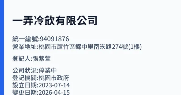 一弄冷飲有限公司的照片-統編 94091876(桃園市) 公司登記資料與營業項目詳細圖表