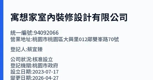 寓想家室內裝修設計有限公司的照片-統編 94092066(桃園市) 公司登記資料與營業項目詳細圖表