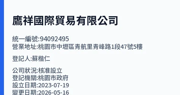 鷹祥國際貿易有限公司的照片-統編 94092495(桃園市) 公司登記資料與營業項目詳細圖表