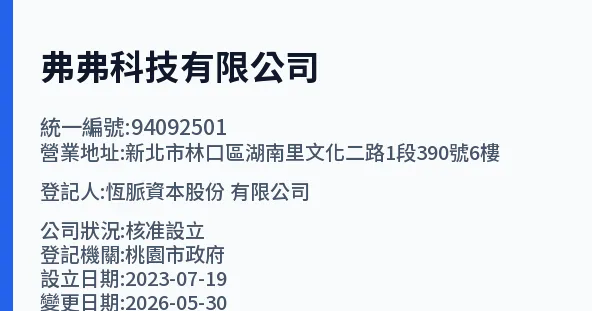 弗弗科技有限公司的照片-統編 94092501(新北市) 公司登記資料與營業項目詳細圖表