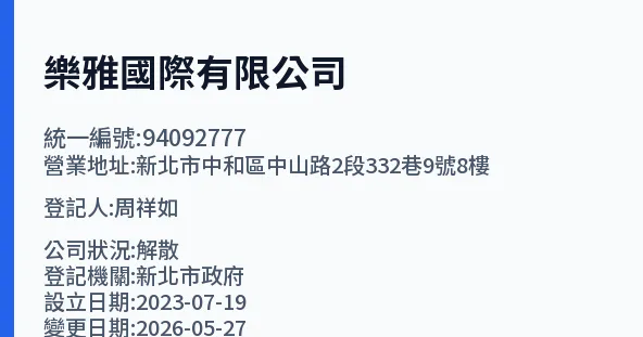 樂雅國際有限公司的照片-統編 94092777(新北市) 公司登記資料與營業項目詳細圖表