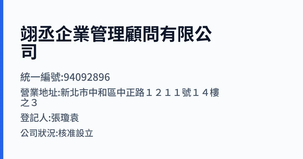 翊丞企業管理顧問有限公司 - 統編 94092896(新北市) 公司登記資料與營業項目詳細圖表