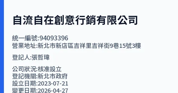 自流自在創意行銷有限公司的照片-統編 94093396(新北市) 公司登記資料與營業項目詳細圖表
