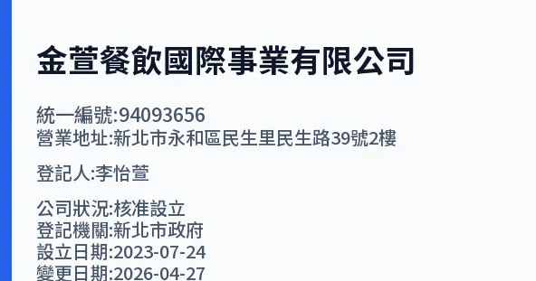 金萱餐飲國際事業有限公司的照片-統編 94093656(新北市) 公司登記資料與營業項目詳細圖表