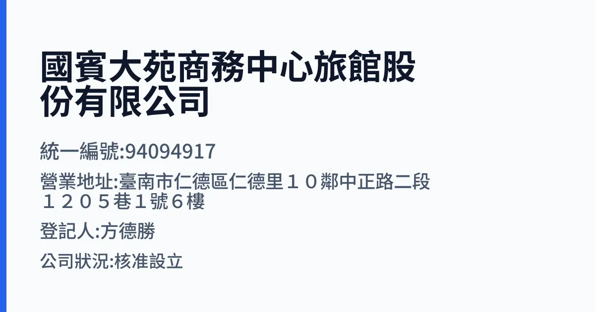 國賓大苑商務中心旅館股份有限公司 - 統編 94094917(新北市) 公司登記資料與營業項目詳細圖表