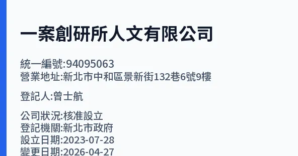 一案創研所人文有限公司的照片-統編 94095063(新北市) 公司登記資料與營業項目詳細圖表