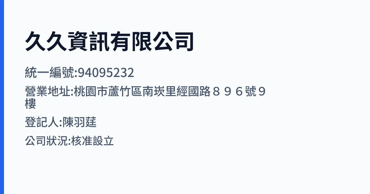 久久資訊有限公司 - 統編 94095232(新北市) 公司登記資料與營業項目詳細圖表