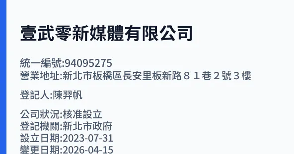 壹武零新媒體有限公司的照片-統編 94095275(新北市) 公司登記資料與營業項目詳細圖表