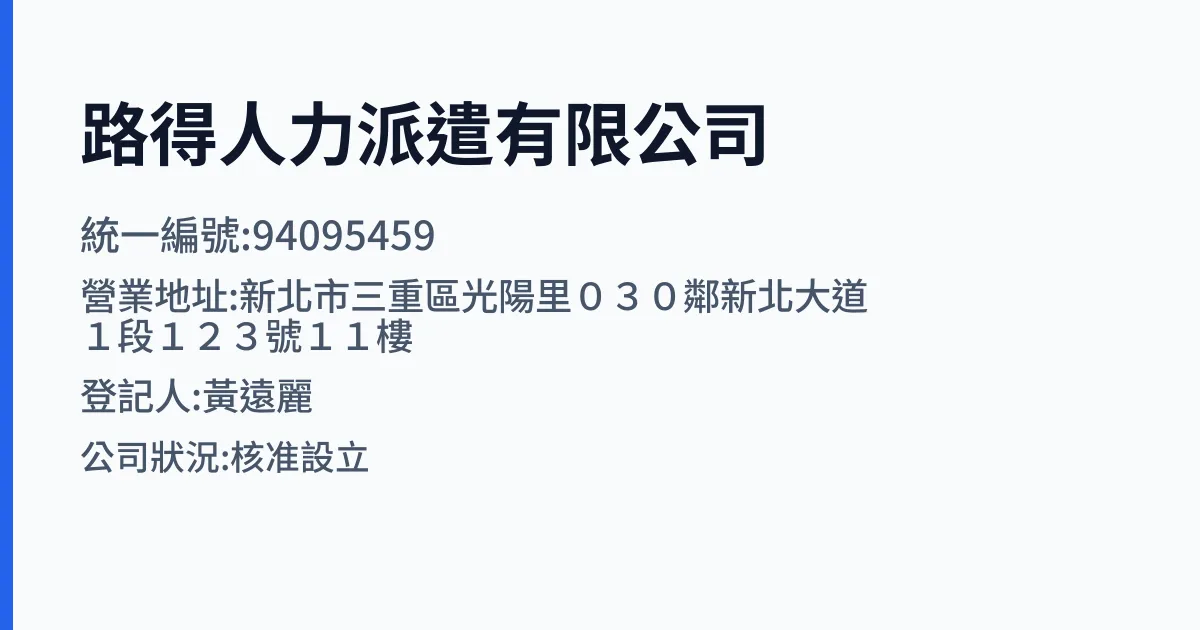 路得人力派遣有限公司 - 統編 94095459(新北市) 公司登記資料與營業項目詳細圖表