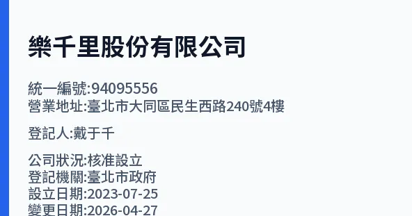 樂千里股份有限公司的照片-統編 94095556(臺北市) 公司登記資料與營業項目詳細圖表