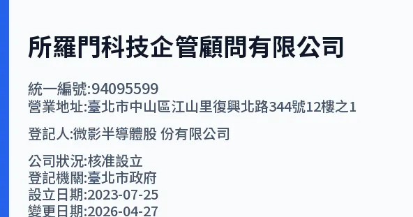 所羅門科技企管顧問有限公司的照片-統編 94095599(臺北市) 公司登記資料與營業項目詳細圖表