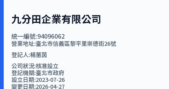 九分田企業有限公司的照片-統編 94096062(臺北市) 公司登記資料與營業項目詳細圖表
