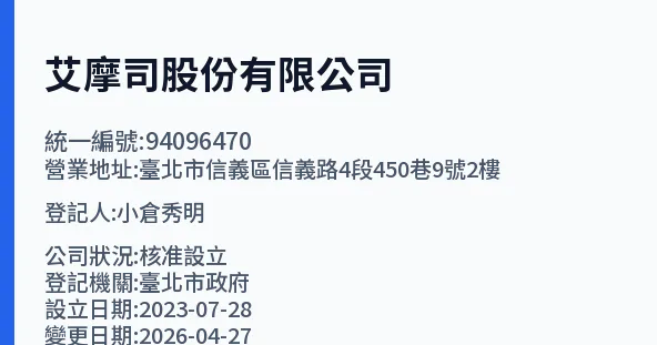 艾摩司股份有限公司的照片-統編 94096470(臺北市) 公司登記資料與營業項目詳細圖表
