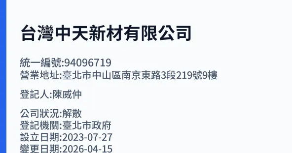 台灣中天新材有限公司的照片-統編 94096719(臺北市) 公司登記資料與營業項目詳細圖表