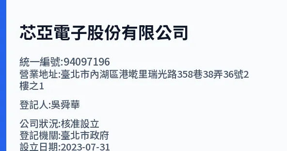 芯亞電子股份有限公司的照片-統編 94097196(臺北市) 公司登記資料與營業項目詳細圖表