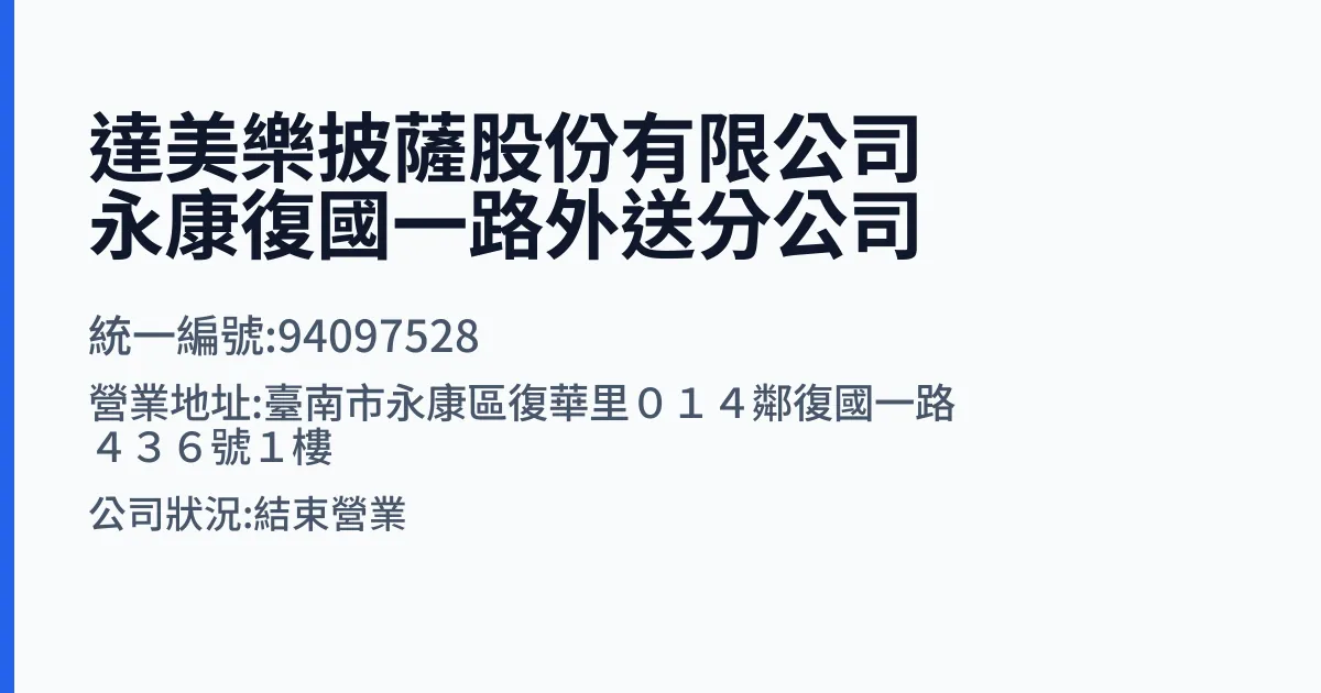達美樂披薩股份有限公司永康復國一路外送分公司 - 統編 94097528（臺南市） 公司登記資料與營業項目詳細圖表