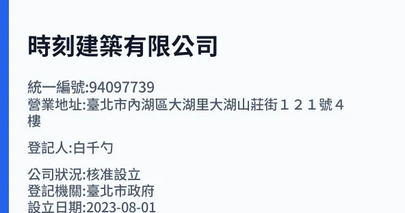 時刻建築有限公司的照片-統編 94097739(臺北市) 公司登記資料與營業項目詳細圖表