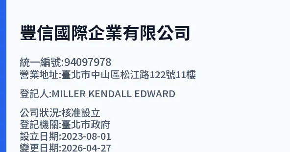 豐信國際企業有限公司的照片-統編 94097978(臺北市) 公司登記資料與營業項目詳細圖表