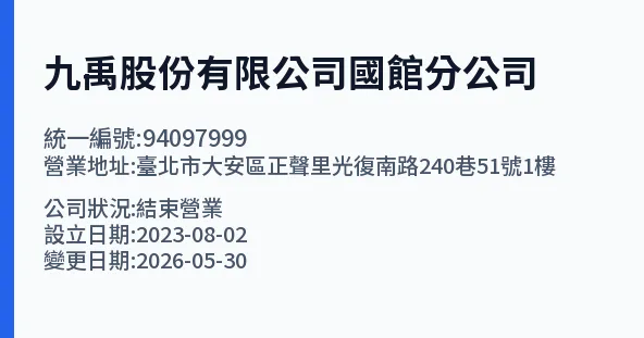 九禹股份有限公司國館分公司的照片-統編 94097999(臺北市) 公司登記資料與營業項目詳細圖表