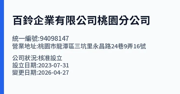百鈴企業有限公司桃園分公司的照片-統編 94098147(桃園市) 公司登記資料與營業項目詳細圖表