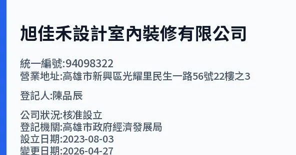 旭佳禾設計室內裝修有限公司的照片-統編 94098322(高雄市) 公司登記資料與營業項目詳細圖表